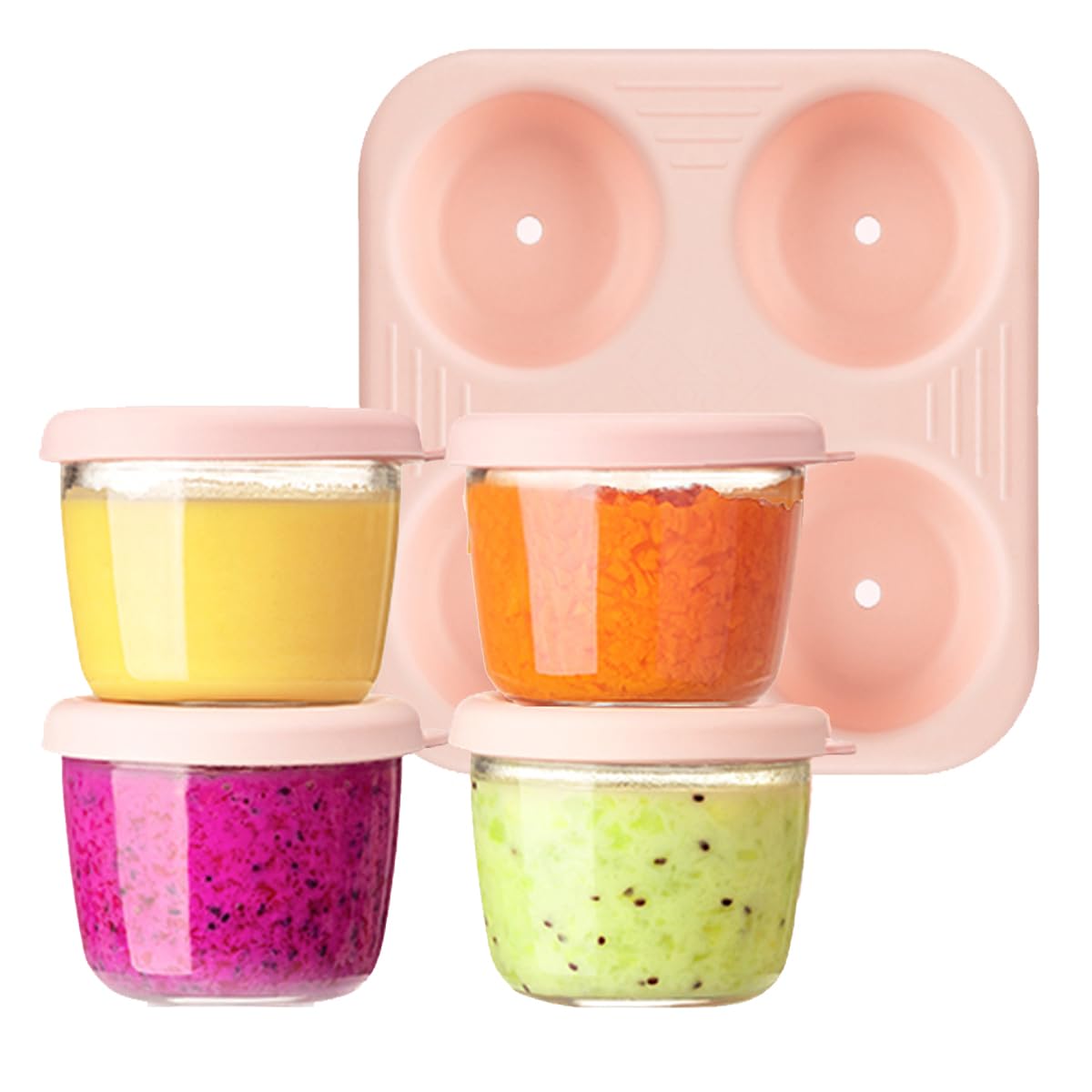 Ankou Baby Food Containers, 2.6oz 75ml Set of 4 Glass Baby Food Jars, Small Food Storage Containers with Lids and Stackable Tray, BPA-Free, Leakproof & Airtight & Reusable Baby Puree Containers