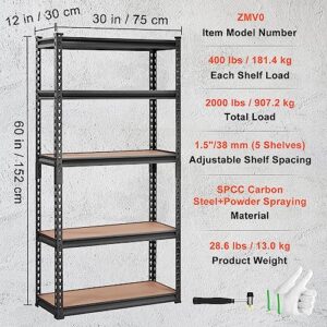 VEVOR Storage Shelving Unit, 5-Tier Adjustable, 2000 lbs Capacity, Heavy Duty Garage Shelves Metal Organizer Utility Rack, Black, 30" L x 12" W x 60" H for Kitchen Pantry Basement Bathroom Laundry