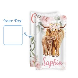 Personalized Changing Pad Cover, Custom Diaper Change Table Sheets with Name, Pink Floral Highland Cow Soft Jersey Knit Change Table Sheets for Girls, 2 Pack Changing Pad Covers (16" x 32")