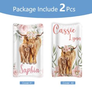 Personalized Changing Pad Cover, Custom Diaper Change Table Sheets with Name, Pink Floral Highland Cow Soft Jersey Knit Change Table Sheets for Girls, 2 Pack Changing Pad Covers (16" x 32")