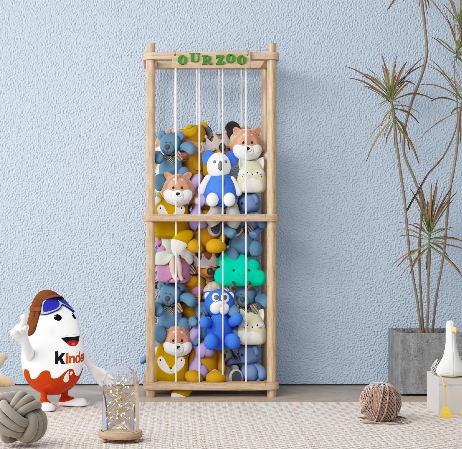 Eniffbaa Stuffed Animal Zoo Stuffed Animal Storage Wood Soft Toy Shelf Nursery Room Organizer Zoo Cage for Stuffed Animals with Zoo Pattern Gift for Nursery PlayRoom Bedroom KidRoom Chirstmas Gift