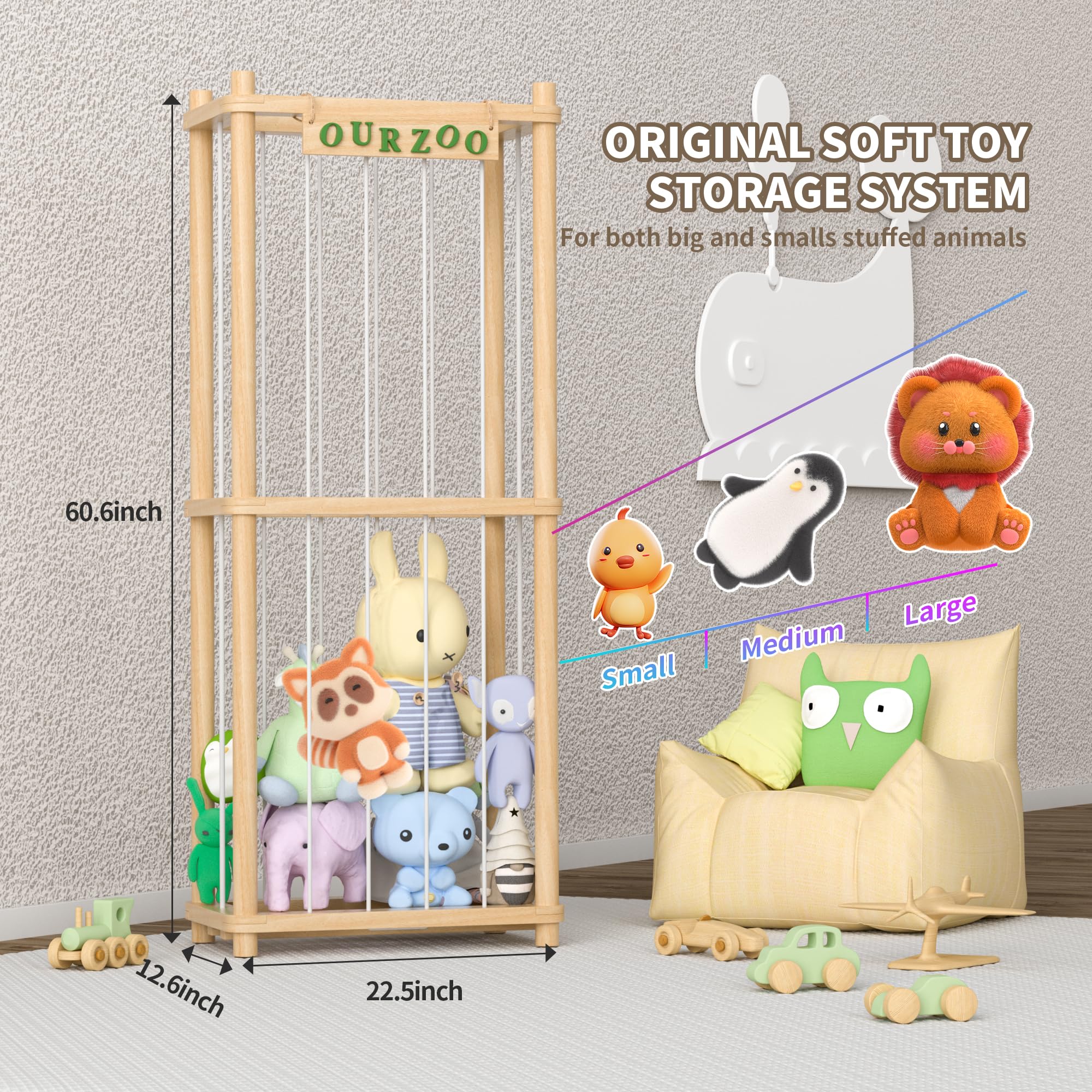 Eniffbaa Stuffed Animal Zoo Stuffed Animal Storage Wood Soft Toy Shelf Nursery Room Organizer Zoo Cage for Stuffed Animals with Zoo Pattern Gift for Nursery PlayRoom Bedroom KidRoom Chirstmas Gift