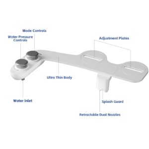 Auterfar Bidet Attachment for Toilet, Dual Nozzle with Self-Cleaning Bidet Toilet Seat, Non-Electric Ultra-Thin Bidets for Existing Toilets, Rear/Feminine Wash with Adjustable Water Pressure