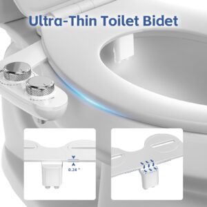 Auterfar Bidet Attachment for Toilet, Dual Nozzle with Self-Cleaning Bidet Toilet Seat, Non-Electric Ultra-Thin Bidets for Existing Toilets, Rear/Feminine Wash with Adjustable Water Pressure