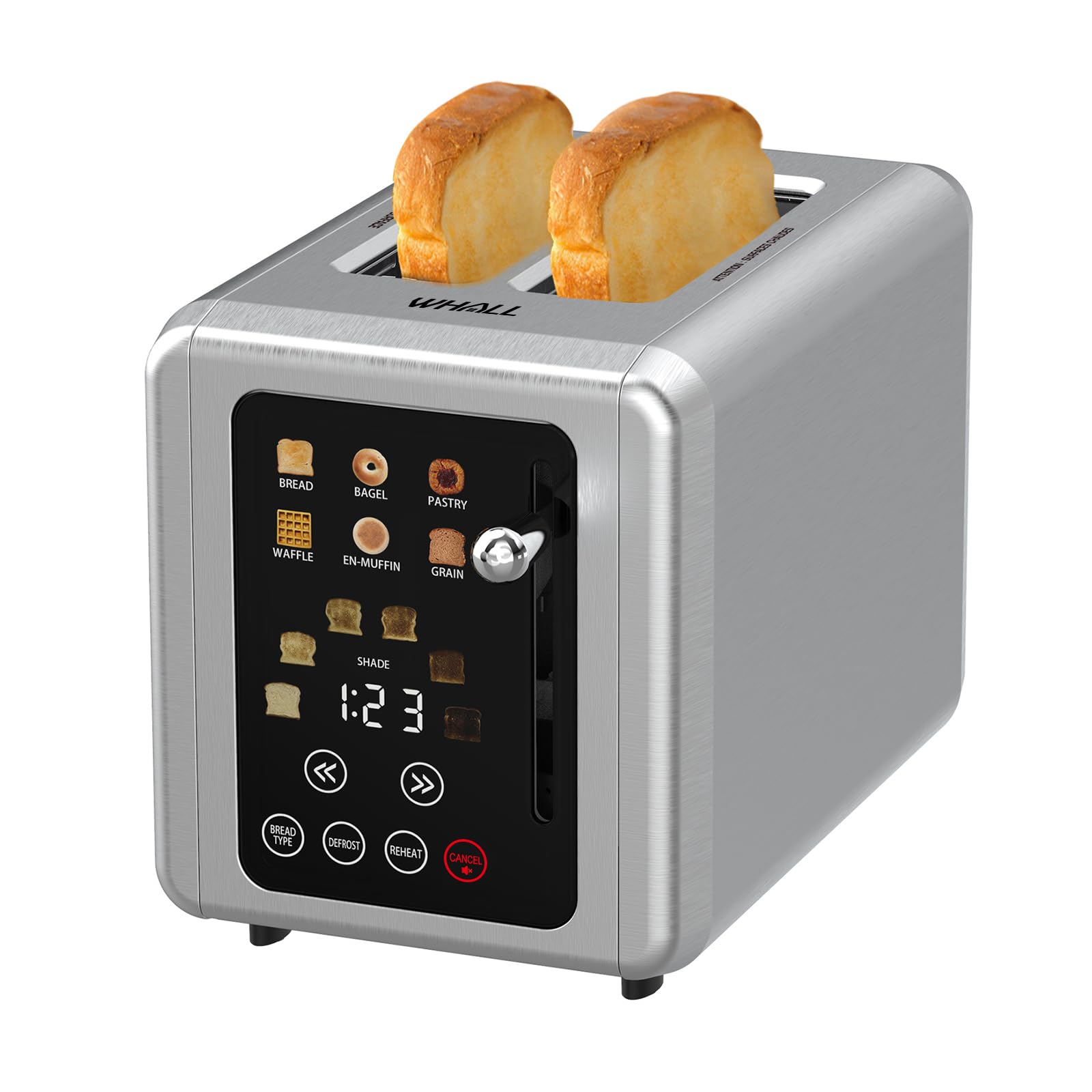 WHALL Touch Screen Toaster 2 Slice, Stainless Steel Digital Timer Toaster with Sound Function, Smart Extra Wide Slots Toaster with Bagel, Cancel, Defrost, 6 Bread Types & 6 Shade Settings