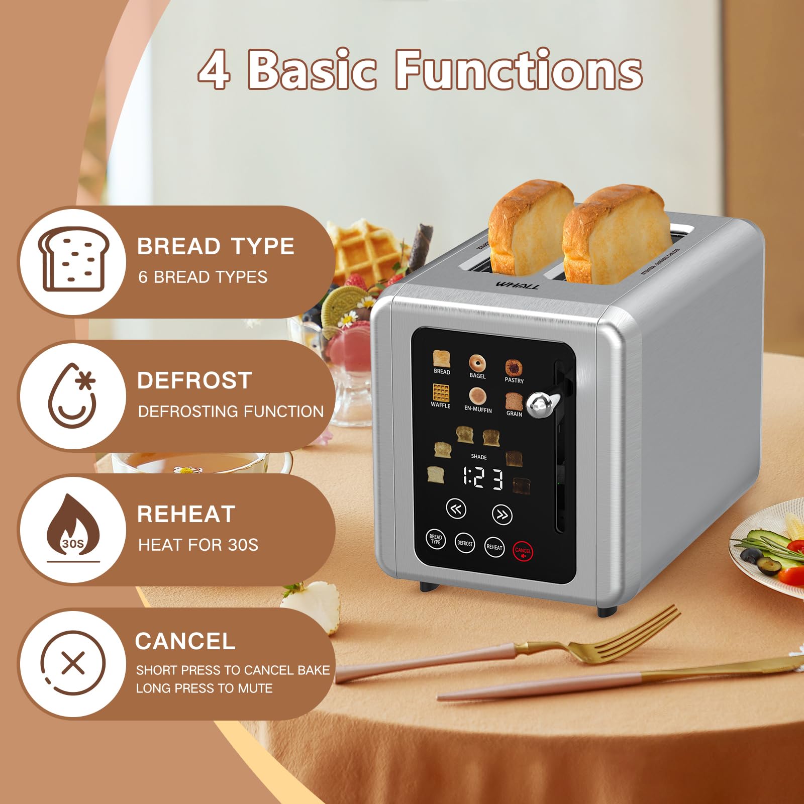 WHALL Touch Screen Toaster 2 Slice, Stainless Steel Digital Timer Toaster with Sound Function, Smart Extra Wide Slots Toaster with Bagel, Cancel, Defrost, 6 Bread Types & 6 Shade Settings