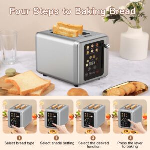 WHALL Touch Screen Toaster 2 Slice, Stainless Steel Digital Timer Toaster with Sound Function, Smart Extra Wide Slots Toaster with Bagel, Cancel, Defrost, 6 Bread Types & 6 Shade Settings