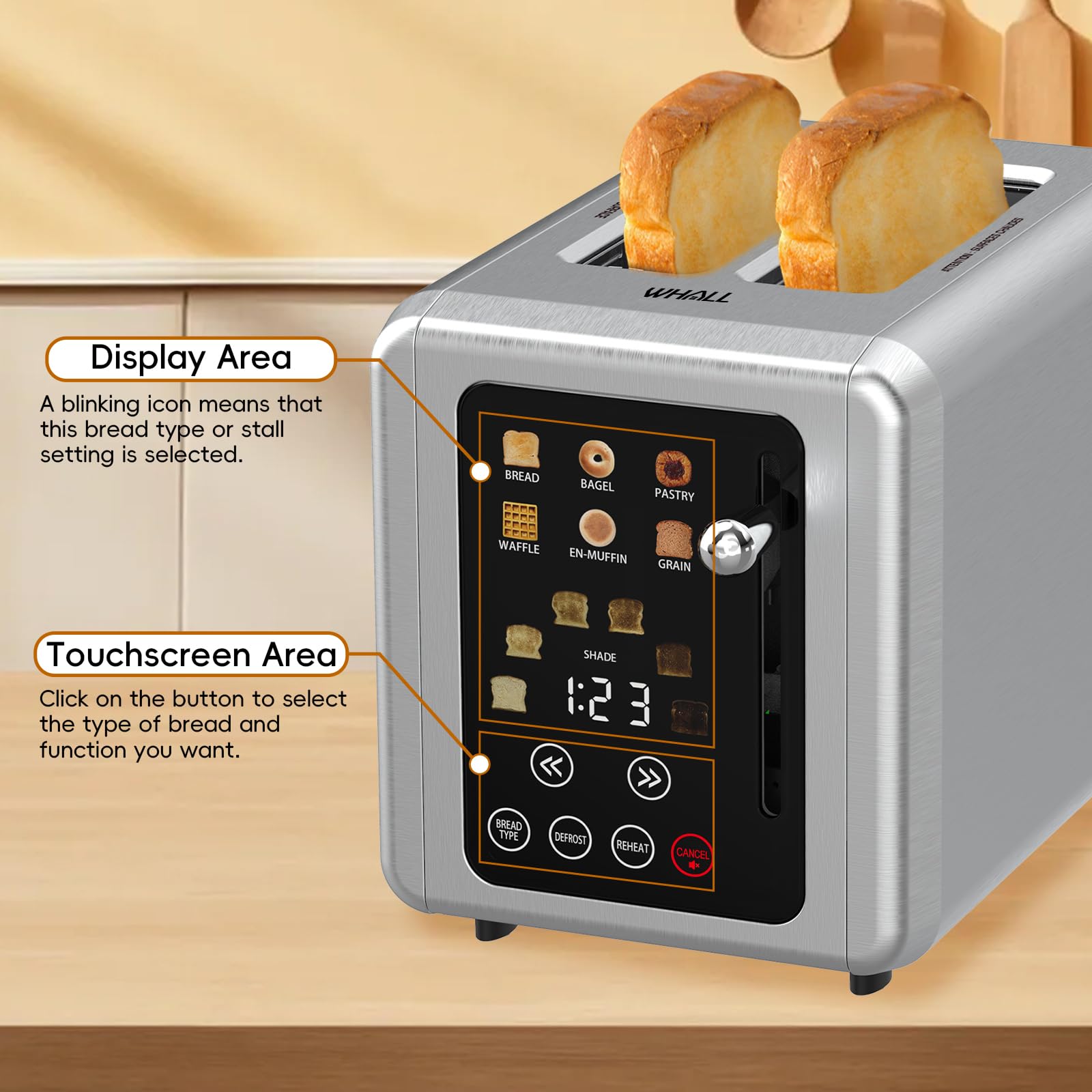 WHALL Touch Screen Toaster 2 Slice, Stainless Steel Digital Timer Toaster with Sound Function, Smart Extra Wide Slots Toaster with Bagel, Cancel, Defrost, 6 Bread Types & 6 Shade Settings