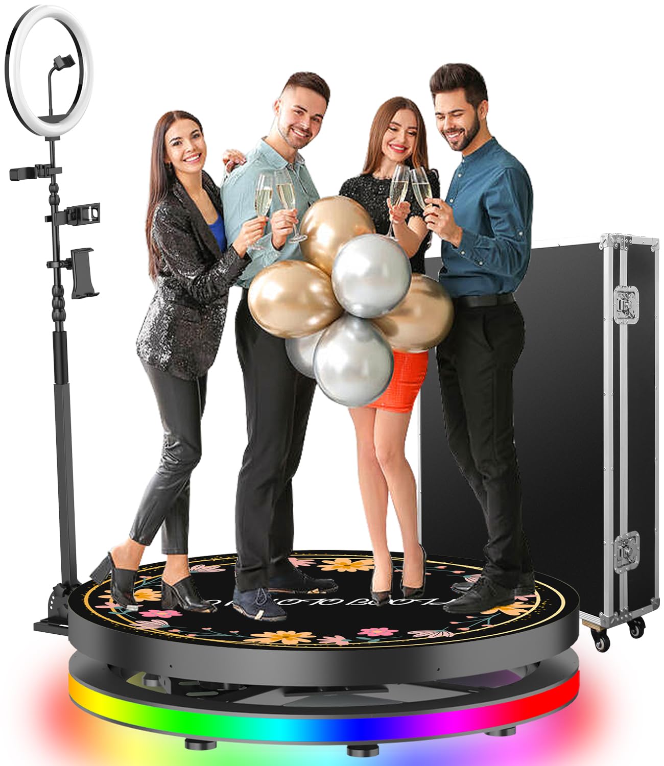 360 Photo Booth Machine for Parties with Ring Light 5 People Stand on Remote Control Automatic Slow Motion 360 Spin Photo Camera Booth Free Custom Logo 100cm 39.4 inch with Flight Case