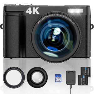 4k digital camera fhd 48mp video camera 16x digital zoom wifi vlogging camera with flash light compact camera for social media 32gb sd card 2 batteries wide angle lens macro lens