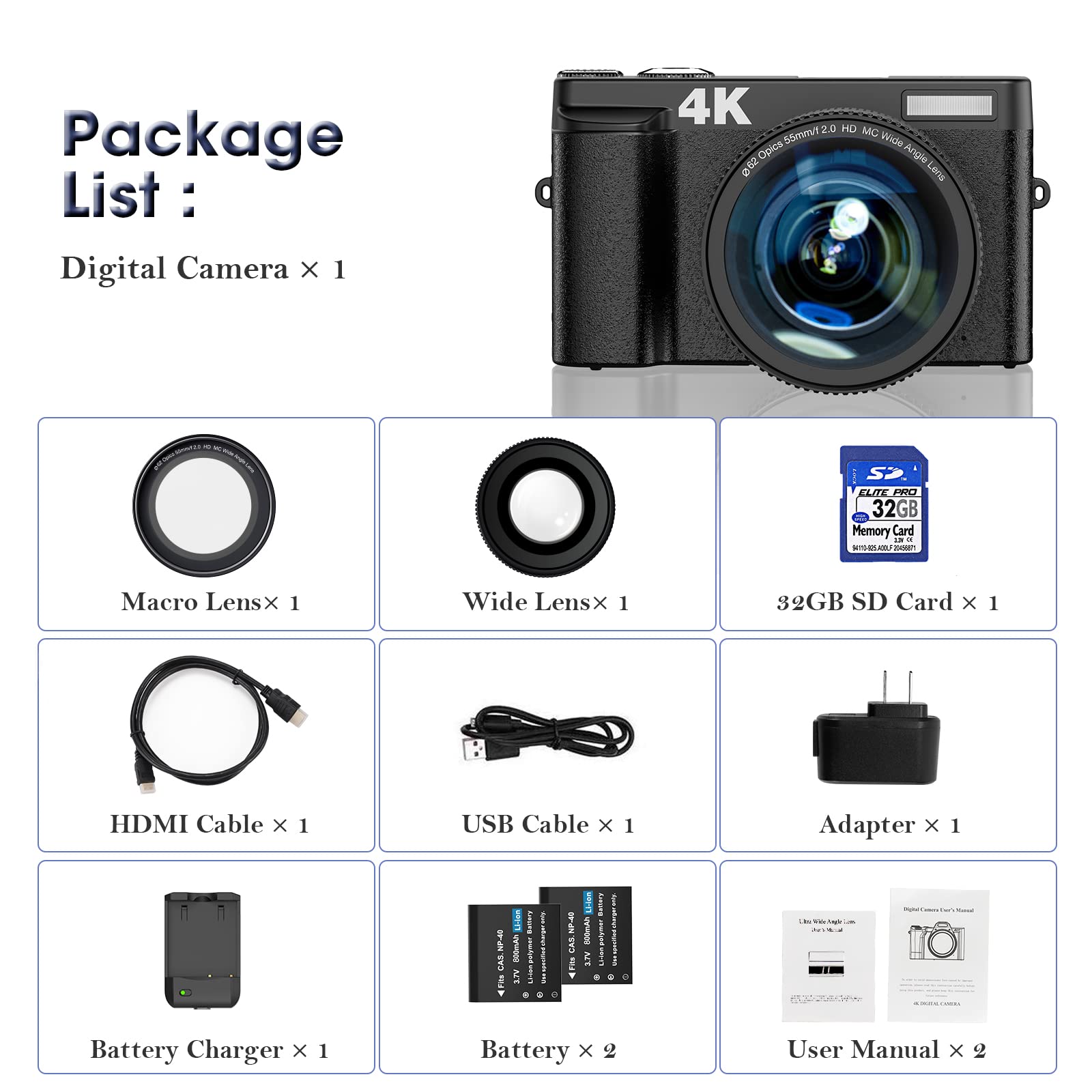 4K Digital Camera FHD 48MP Video Camera 16X Digital Zoom WiFi Vlogging Camera with Flash Light Compact Camera for Social Media 32GB SD Card 2 Batteries Wide Angle Lens Macro Lens