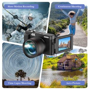 4K Digital Camera FHD 48MP Video Camera 16X Digital Zoom WiFi Vlogging Camera with Flash Light Compact Camera for Social Media 32GB SD Card 2 Batteries Wide Angle Lens Macro Lens