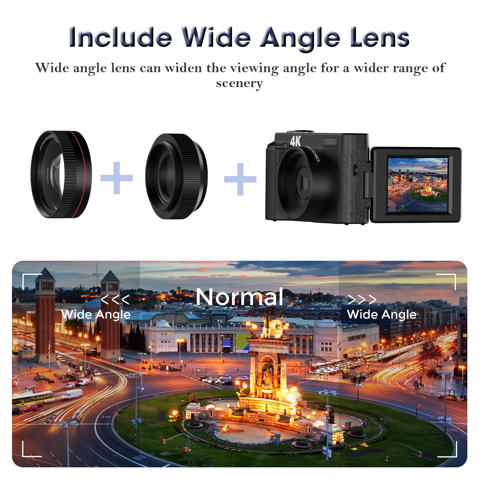 4K Digital Camera FHD 48MP Video Camera 16X Digital Zoom WiFi Vlogging Camera with Flash Light Compact Camera for Social Media 32GB SD Card 2 Batteries Wide Angle Lens Macro Lens