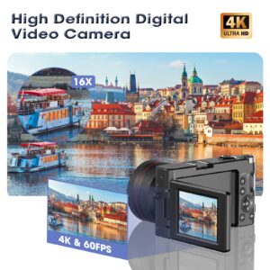 4K Digital Camera FHD 48MP Video Camera 16X Digital Zoom WiFi Vlogging Camera with Flash Light Compact Camera for Social Media 32GB SD Card 2 Batteries Wide Angle Lens Macro Lens