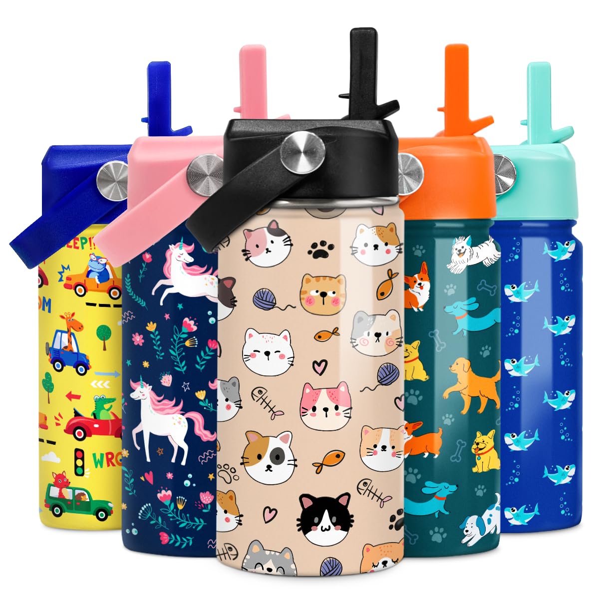 Kids Water Bottle Cat Water Bottles 12oz with Straw Insulated Stainless Steel Travel School Tumbler Double Wall Vacuum Cup for Girls Kid Boys