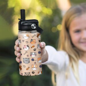 Kids Water Bottle Cat Water Bottles 12oz with Straw Insulated Stainless Steel Travel School Tumbler Double Wall Vacuum Cup for Girls Kid Boys