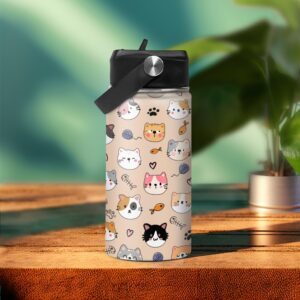 Kids Water Bottle Cat Water Bottles 12oz with Straw Insulated Stainless Steel Travel School Tumbler Double Wall Vacuum Cup for Girls Kid Boys