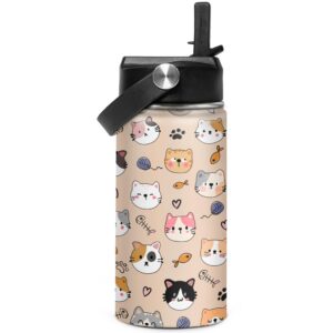 Kids Water Bottle Cat Water Bottles 12oz with Straw Insulated Stainless Steel Travel School Tumbler Double Wall Vacuum Cup for Girls Kid Boys