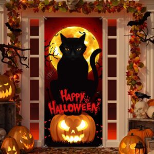 halloween party black cat door cover trick or treat halloween party door banner halloween scary cat door decorations for front door porch halloween party supplies door decor 79x35 inch