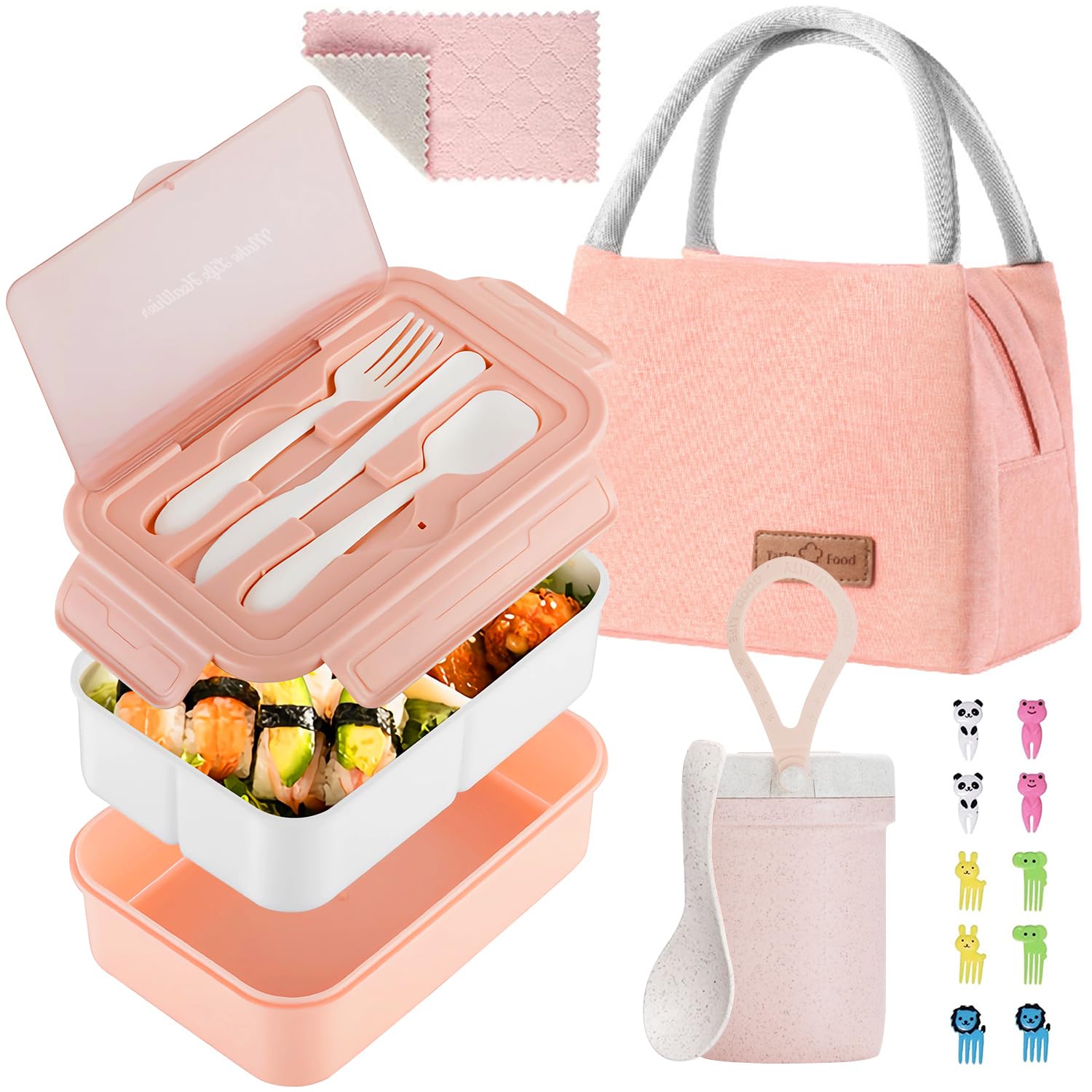 KAIFTEK Bento Lunch Box for Kids, Bento Box Adults Lunch Box Leak-proof for Kids Toddler Teens School, Lunch Box Containers Durable with Lunch Bag, Cup, Spoon, Forks, Dishcloth (Pink Set)