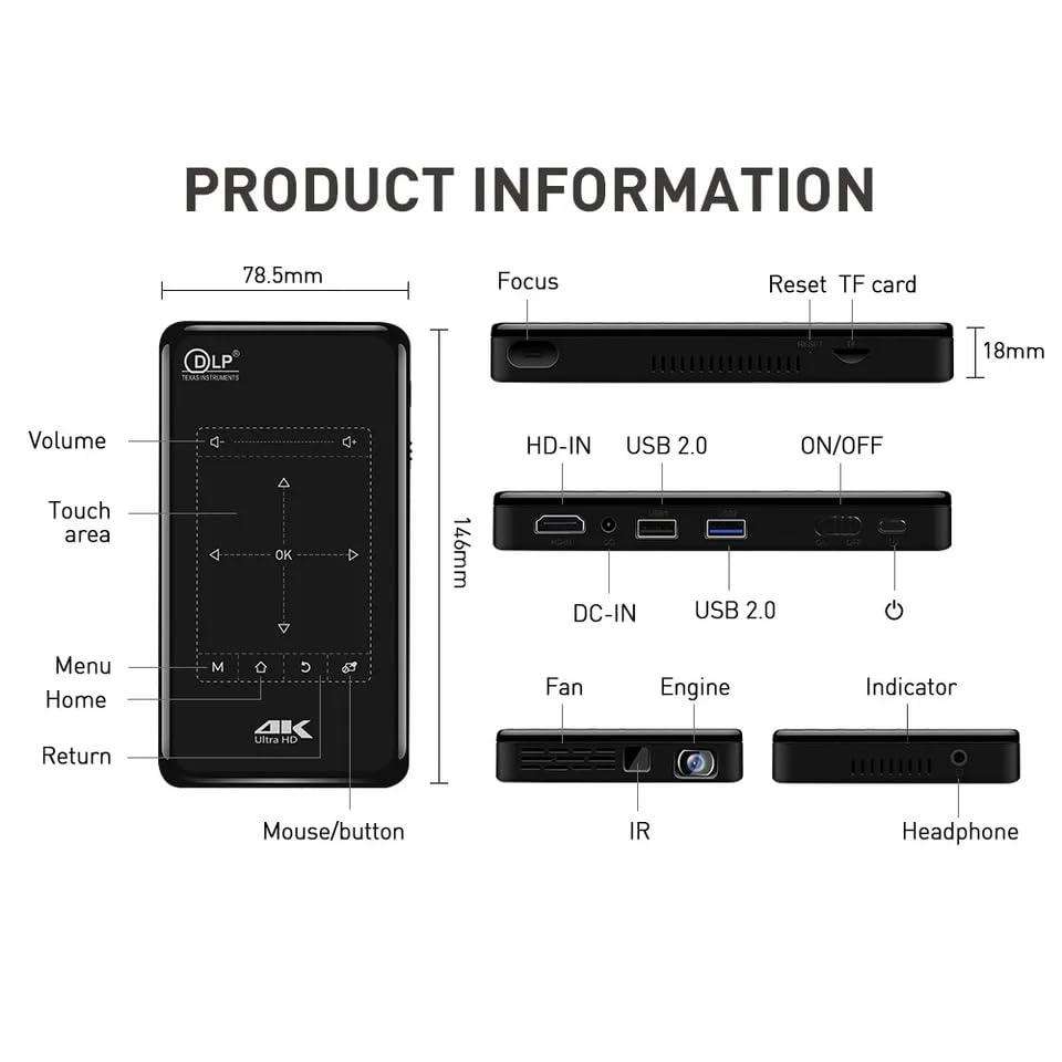 DLP P09-II Full HD Projector Android 9.0 DDR4 2GB 32GB Mini Portable 4K Wifi BT4.2 4000mA Battery Video Beamer Home Cinema