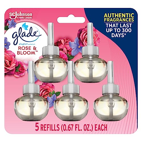 Glade PlugIns Refills Air Freshener, Scented and Essential Oils for Home and Bathroom, Rose & Bloom, 3.35 Fl Oz, 5 Count