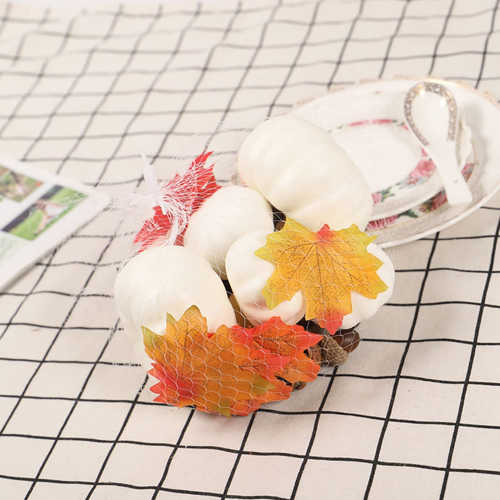 Loyilat Halloween Tray Decoration Simulation White Pumpkin Maple Autumn Fruit Bag Autumn Garland Accessories Ornament Thanksgiving Halloween Home Decoration