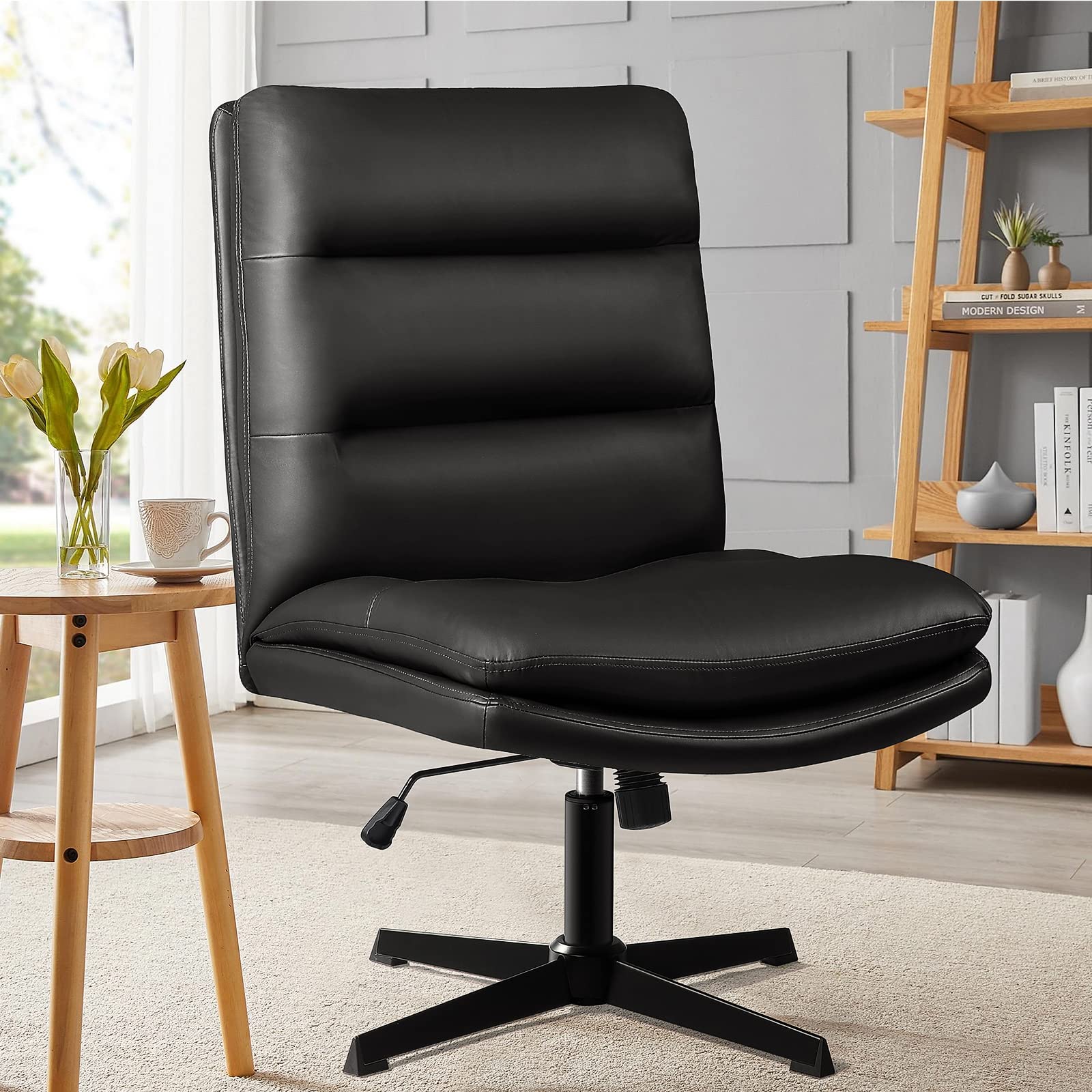 PUKAMI Criss Cross Legged Office Chair,Pu Leather Armless Office Desk Chair No Wheels,Modern Swivel Height Adjustable Wide Seat High Back Computer Task Vanity Chair for Home Office (Black)