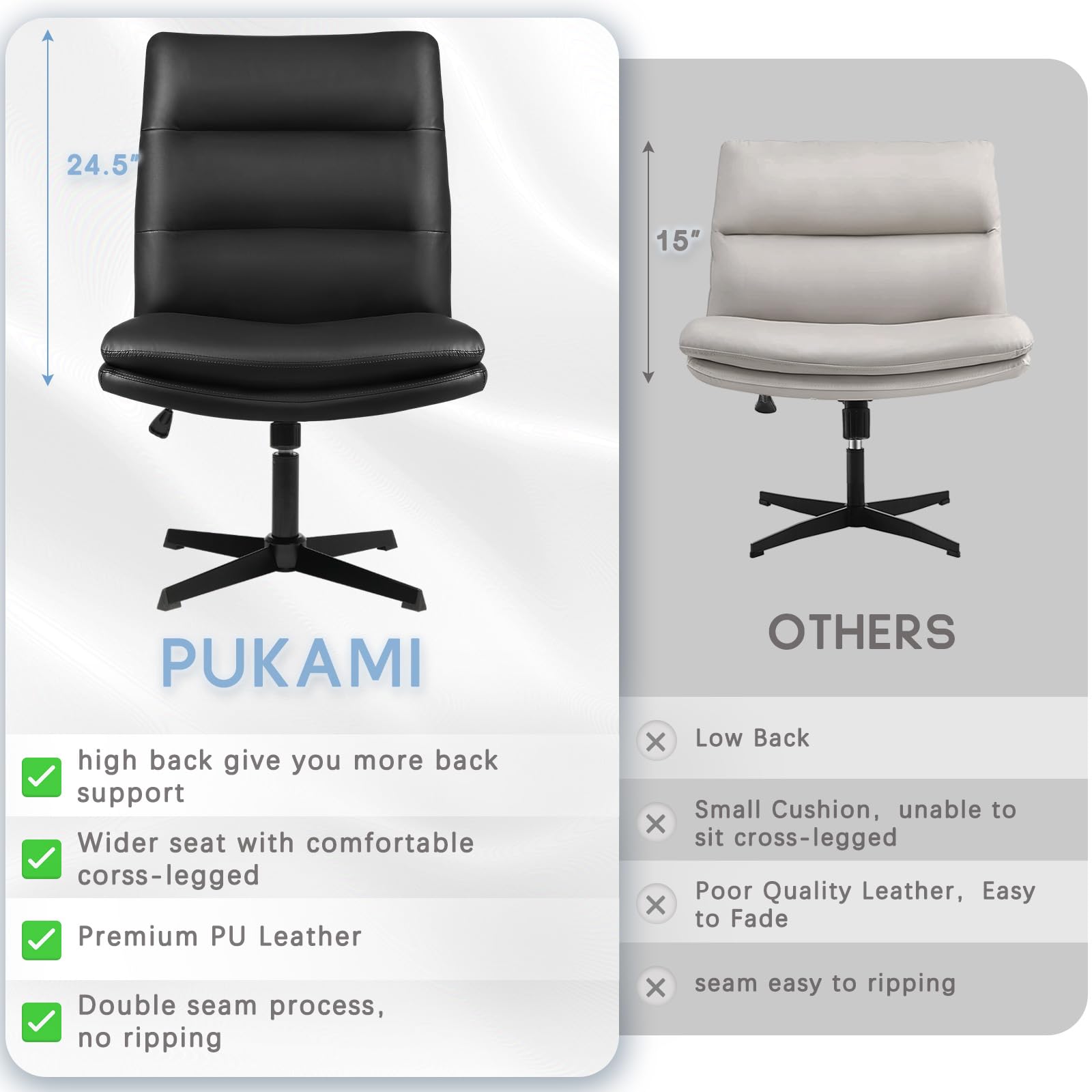 PUKAMI Criss Cross Legged Office Chair,Pu Leather Armless Office Desk Chair No Wheels,Modern Swivel Height Adjustable Wide Seat High Back Computer Task Vanity Chair for Home Office (Black)