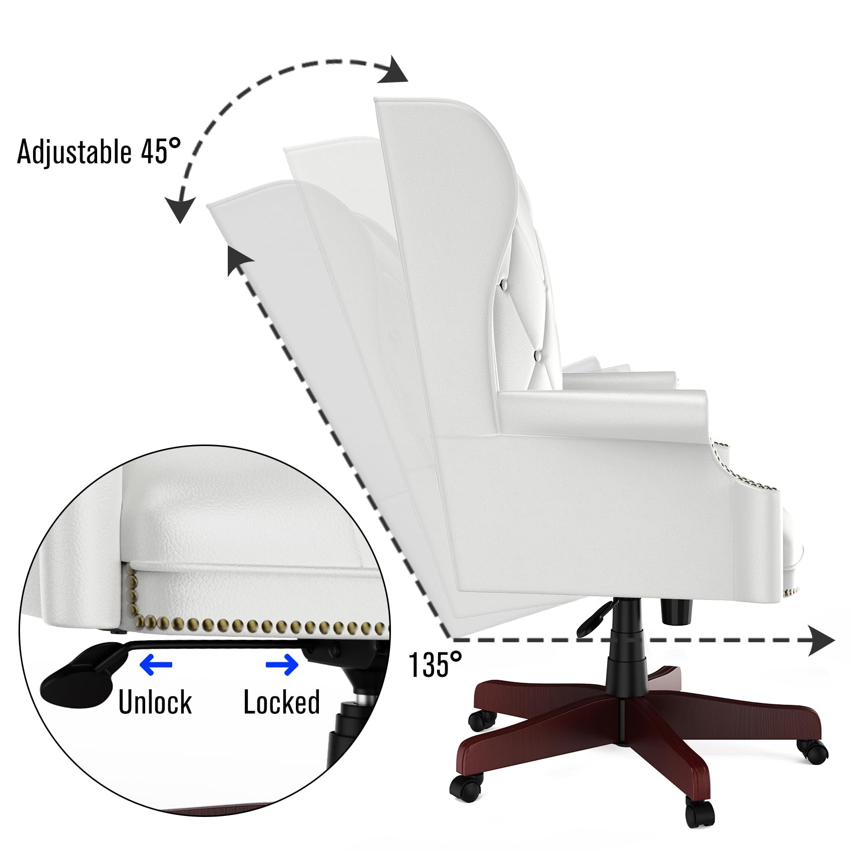 330LBS Executive Office Chair, Ergonomic Design High Back Reclining Comfortable Desk Chair, Thick Padded Seat & Backrest, PU Leather Desk Chair w/Smooth Glide Caster Wheels for Office - White