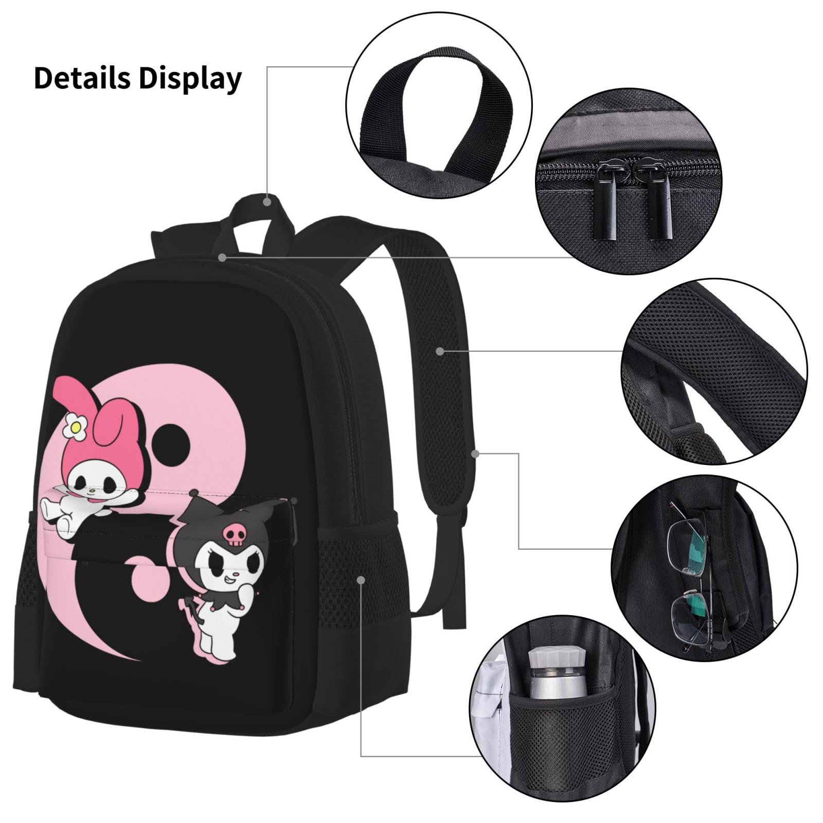 ORPJXIO Backpack 3 Piece Set Kuromi Anime My Melody Laptop Backpack Pencil Case Lunch Bag Combination For Travel Work Camping