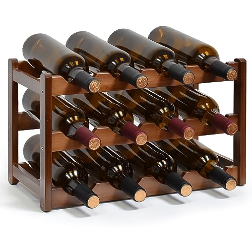 IWNTWY Wine Rack, 12 Bottles 3-Tier Free Standing Wine Racks, Bamboo Wine Rack Countertop Holder Storage Shelf for Kitchen Cabinet Dining Room Bar (Brown)