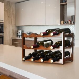 IWNTWY Wine Rack, 12 Bottles 3-Tier Free Standing Wine Racks, Bamboo Wine Rack Countertop Holder Storage Shelf for Kitchen Cabinet Dining Room Bar (Brown)