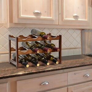 IWNTWY Wine Rack, 12 Bottles 3-Tier Free Standing Wine Racks, Bamboo Wine Rack Countertop Holder Storage Shelf for Kitchen Cabinet Dining Room Bar (Brown)