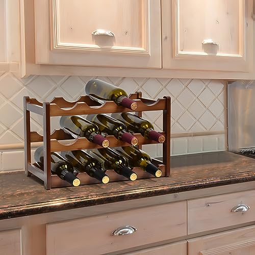 IWNTWY Wine Rack, 12 Bottles 3-Tier Free Standing Wine Racks, Bamboo Wine Rack Countertop Holder Storage Shelf for Kitchen Cabinet Dining Room Bar (Brown)