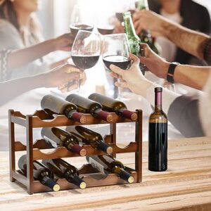 IWNTWY Wine Rack, 12 Bottles 3-Tier Free Standing Wine Racks, Bamboo Wine Rack Countertop Holder Storage Shelf for Kitchen Cabinet Dining Room Bar (Brown)