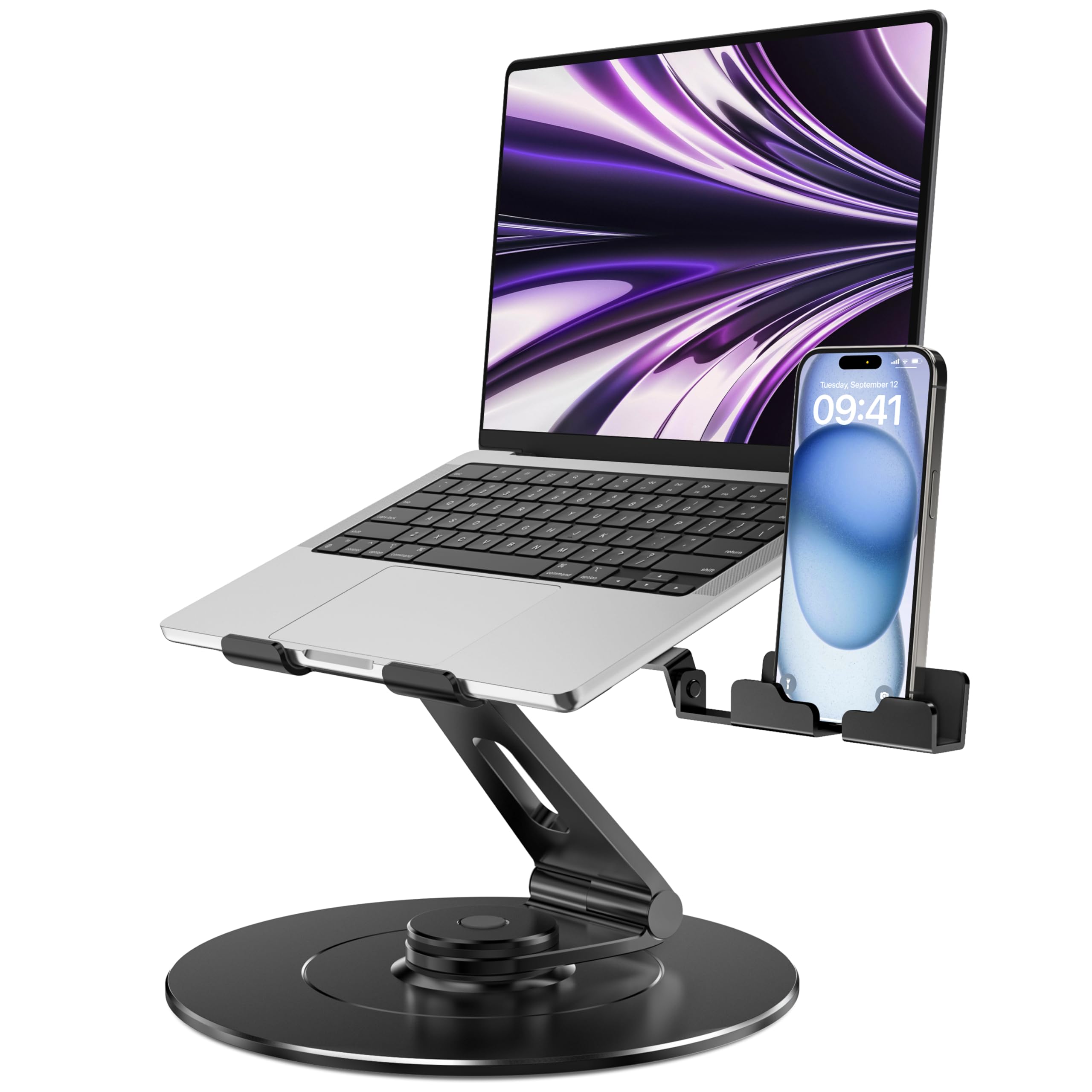 LOXP Ultra-Stable Aluminumy Swivel Laptop Stand for Desk with Rotating Foldable Phone Holder, 300% Large Base Stability, Anti-Loosening,Suitable for 10"-17.3" Laptops, Black