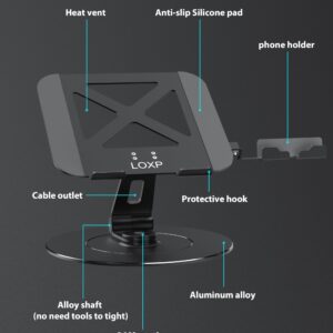 LOXP Ultra-Stable Aluminumy Swivel Laptop Stand for Desk with Rotating Foldable Phone Holder, 300% Large Base Stability, Anti-Loosening,Suitable for 10"-17.3" Laptops, Black