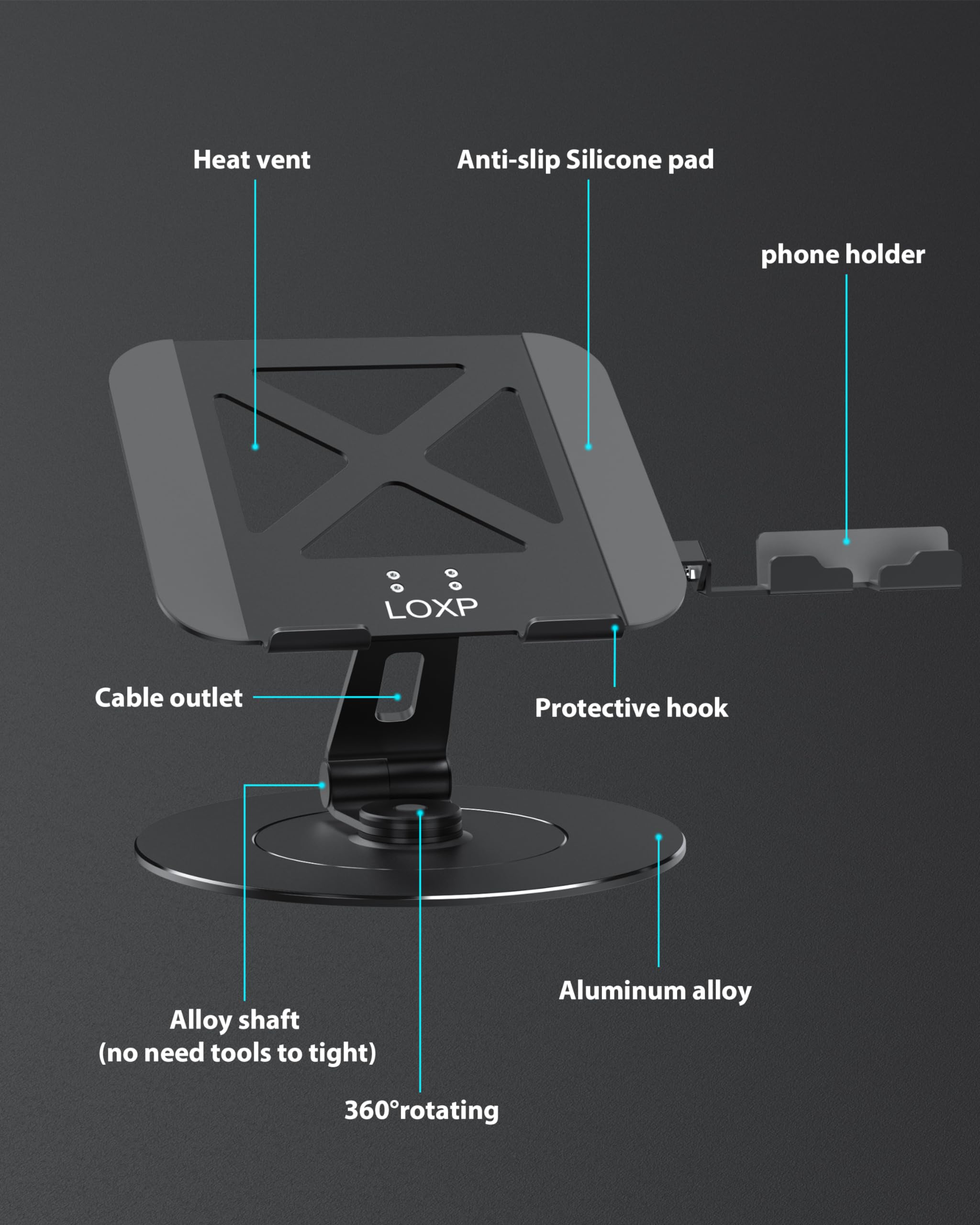 LOXP Ultra-Stable Aluminumy Swivel Laptop Stand for Desk with Rotating Foldable Phone Holder, 300% Large Base Stability, Anti-Loosening,Suitable for 10"-17.3" Laptops, Black