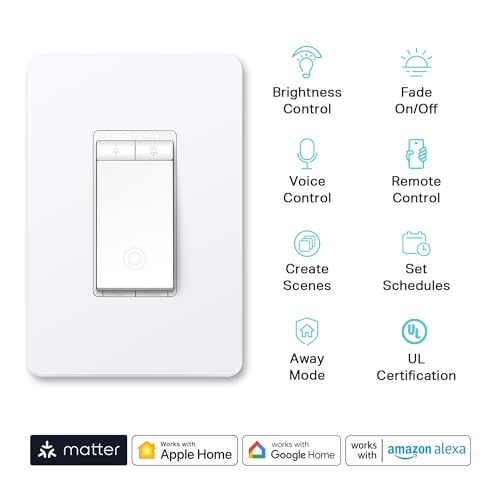 Kasa Matter Smart Dimmer Switch: Voice Control w/Siri, Alexa & Google Assistant | UL Certified | Timer & Schedule | Easy Guided Install | Neutral Wire Required | Single Pole | 2.4GHz Wi-Fi | KS225