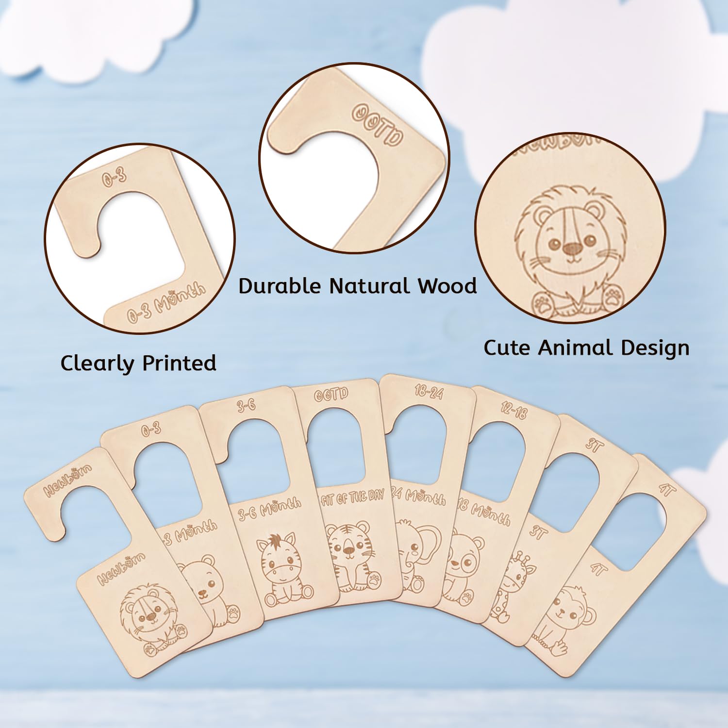 Focal20 12 Pcs Wooden Baby Closet Dividers for Clothes Organizer Animal Theme Baby Closet Size Dividers from Newborn to 4T Baby Clothes Hanger Dividers for Baby Girls Boys Gift Nursery Baby Shower