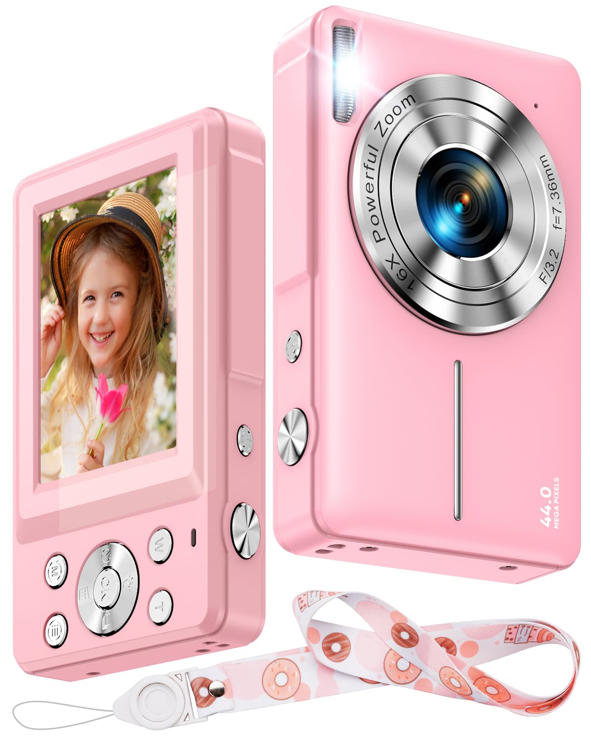 1080P Kids Digital Camera with Lanyard (No SD Card), 44MP Digital Point and Shoot Camera with 16X Zoom, Anti-Shake, Vlogging Camera for Students