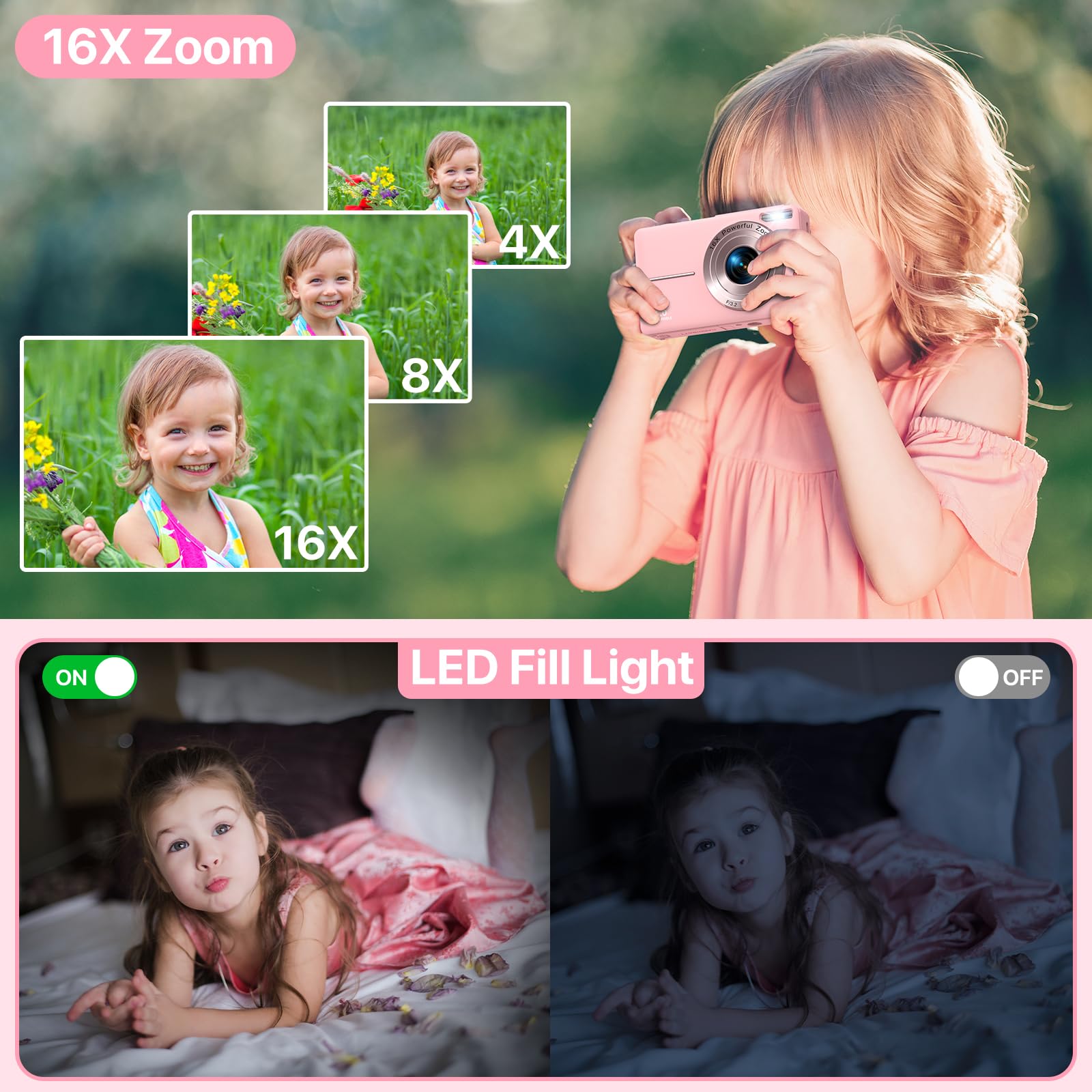 1080P Kids Digital Camera with Lanyard (No SD Card), 44MP Digital Point and Shoot Camera with 16X Zoom, Anti-Shake, Vlogging Camera for Students