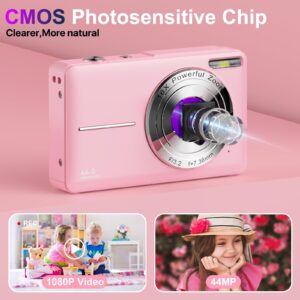 1080P Kids Digital Camera with Lanyard (No SD Card), 44MP Digital Point and Shoot Camera with 16X Zoom, Anti-Shake, Vlogging Camera for Students