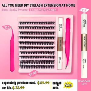 40D Lash Extension Kit 200 Pcs Lash Clusters DIY Individual Lashes Eyelash Extension Kit D Curl Volume Cluster Lashes Wispy with Long Lasting Lash Bond and Seal and Lash Tweezers