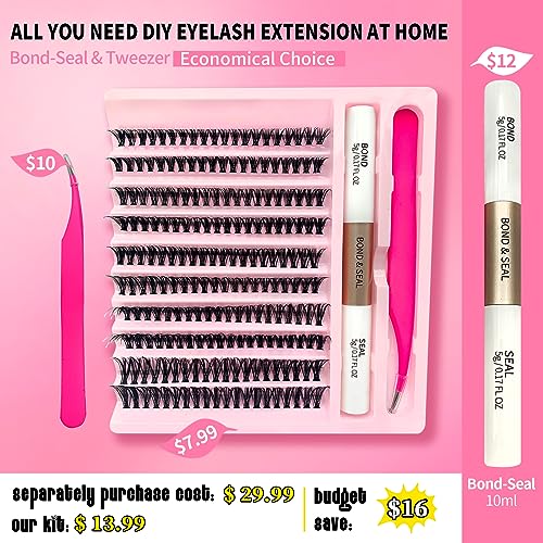 40D Lash Extension Kit 200 Pcs Lash Clusters DIY Individual Lashes Eyelash Extension Kit D Curl Volume Cluster Lashes Wispy with Long Lasting Lash Bond and Seal and Lash Tweezers