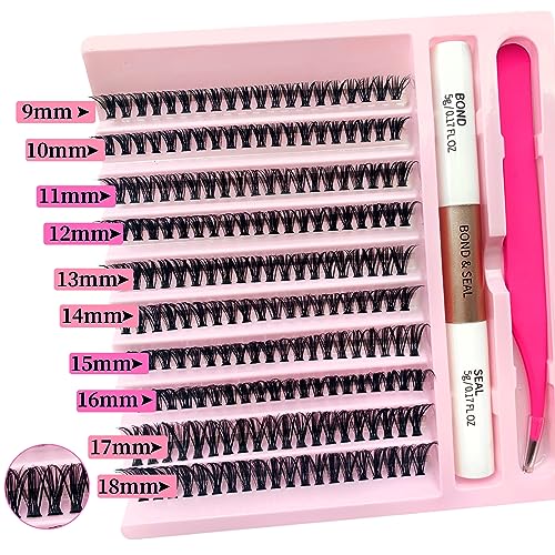 40D Lash Extension Kit 200 Pcs Lash Clusters DIY Individual Lashes Eyelash Extension Kit D Curl Volume Cluster Lashes Wispy with Long Lasting Lash Bond and Seal and Lash Tweezers