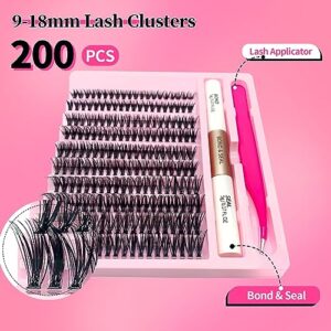 40D Lash Extension Kit 200 Pcs Lash Clusters DIY Individual Lashes Eyelash Extension Kit D Curl Volume Cluster Lashes Wispy with Long Lasting Lash Bond and Seal and Lash Tweezers