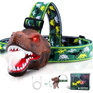 ELLA MAMA Upgraded Rechargeable Dinosaur Headlamp for Kids, Led Flashlight for Boys or Girls Outdoor Camping Gear, Roar & Silent Mode- Ideal Gift for Birthday, Halloween, Christmas