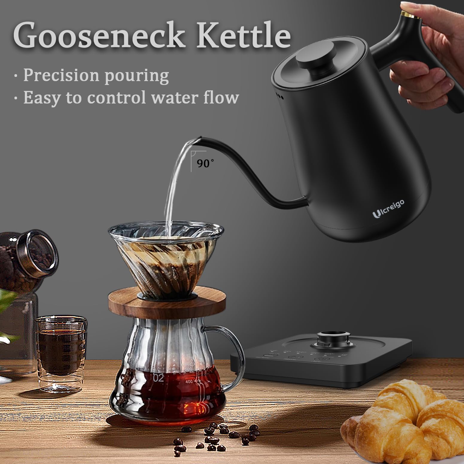 Gooseneck Electric Kettle,Ulcreigo Tea Kettle for Boiling Water,Temperature Control with 5 Presets,Hot Water Boiler Heater for Pour Over Coffee, Keep Warm 2 Hours,304 Stainless Steel (Black)